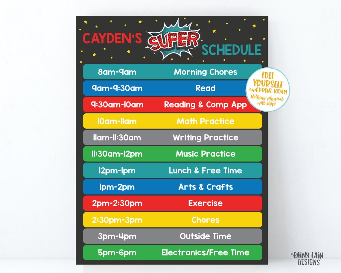 Superhero Home School Schedule Printable Kids Schedule | Etsy
