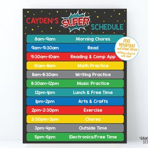 Superhero Home School Schedule Printable Kids Schedule Editable Daily ...