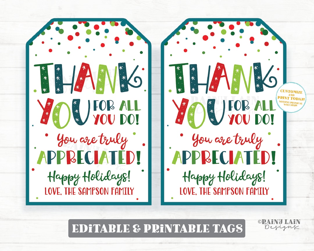 Thank You for All You Do Holiday Tag Appreciate Christmas Gift Tags ...