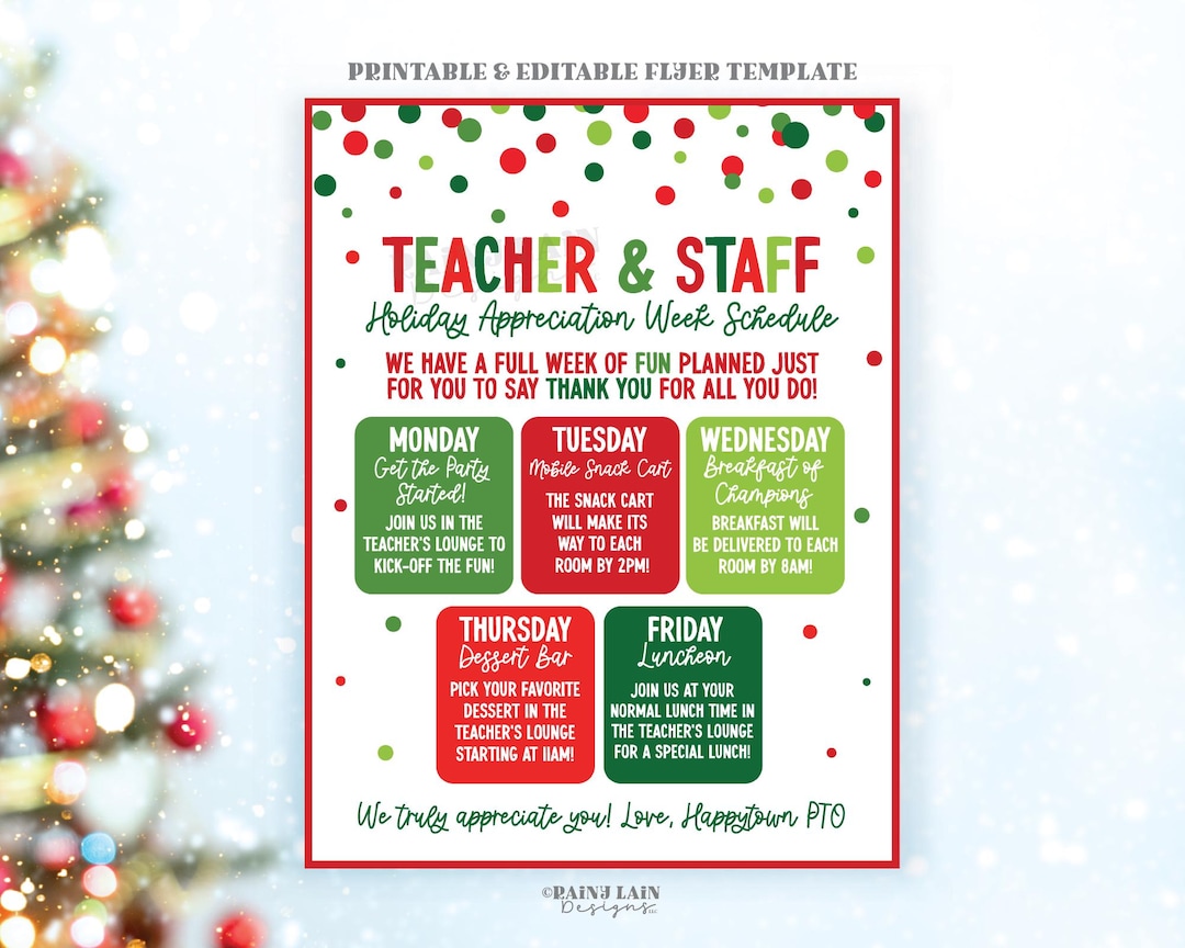 Editable Holiday Teacher Appreciation Week Schedule, Christmas Flyer ...