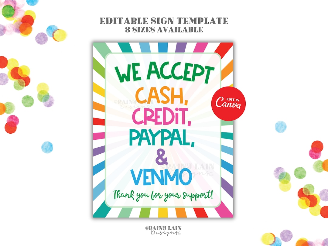 We Accept Cash and Credit Cards Sign Editable Paypal Venmo Cookie Booth ...