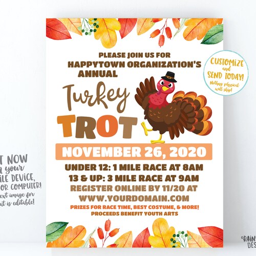 EDITABLE Turkey Trot Thanksgiving Run Walk Printable Flyer or - Etsy