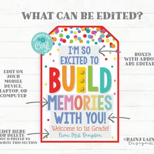 Editable Back to School Gift Tag, Blocks, Build Memories, First Day ...