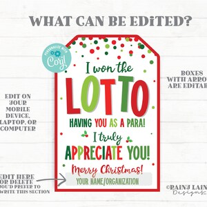 Editable Won the Lotto Tag Appreciate You Christmas Paraeducator Para ...