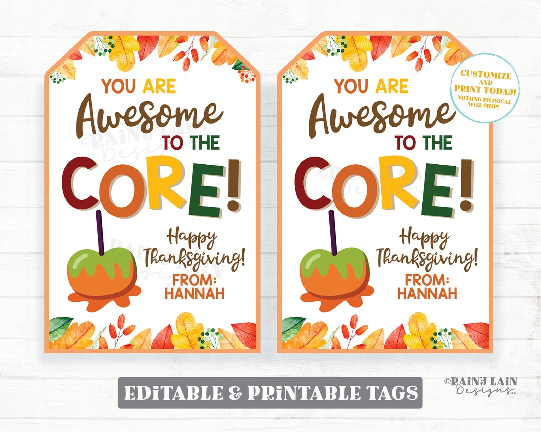 Awesome to the Core Thanksgiving Tag Candy Apple Caramel Fall Gift ...