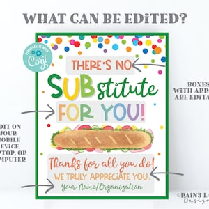 There's No Substitute for You Sub Sandwich Sign Thank You Appreciate ...