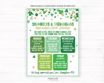 St. Patrick's Day Teacher Appreciation Week Itinerary, Editable Lucky ...