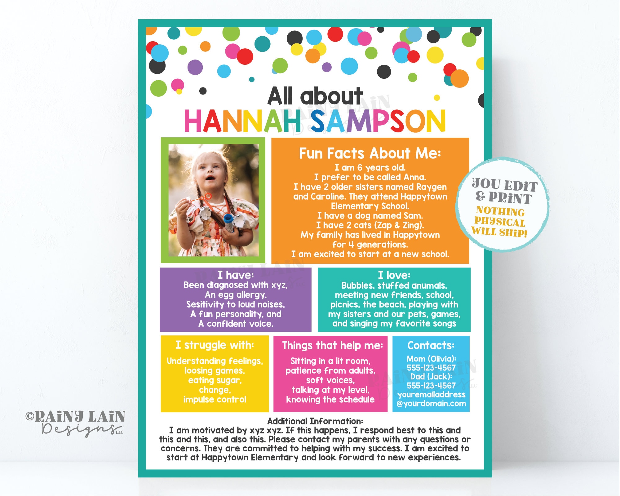 Editable All About Me Child Info Template, Back to School Special Needs ...