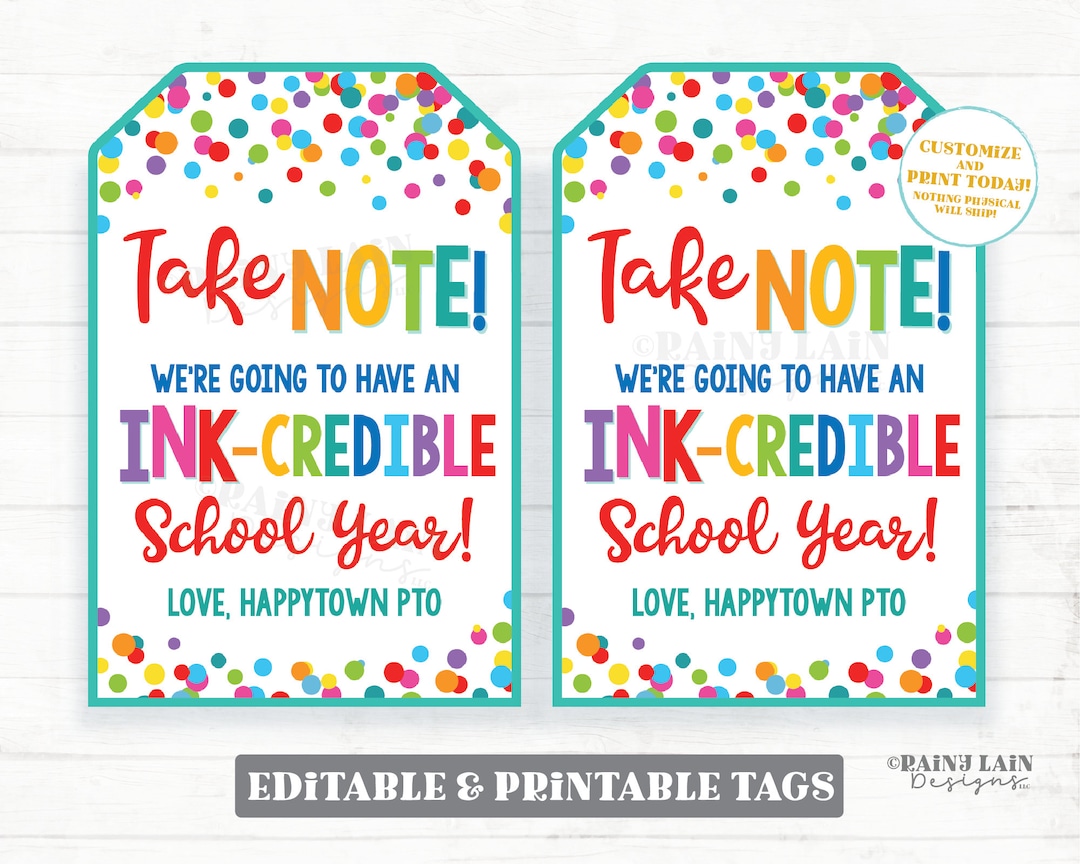 Take Note Ink-credible School Year Tag Notebook Editable First Day of ...