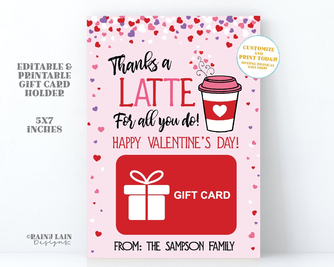 Coffee Valentine's Day Gift Card Holder Thanks a Latte Printable ...