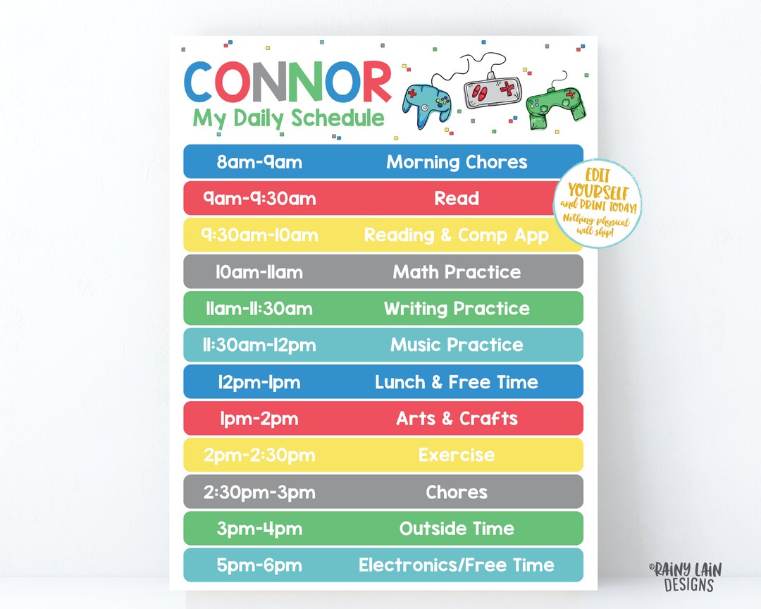 Video Game Home School Schedule Printable Kids Schedule Editable Daily ...