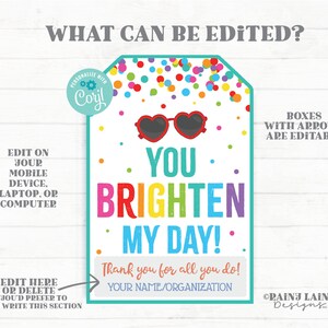 You Brighten My Day Tag Sunglasses Thank You Tags Sun Birthday Favor ...