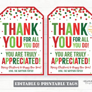 Thank You for All You Do You Are Truly Appreciated Gift Tag Christmas ...