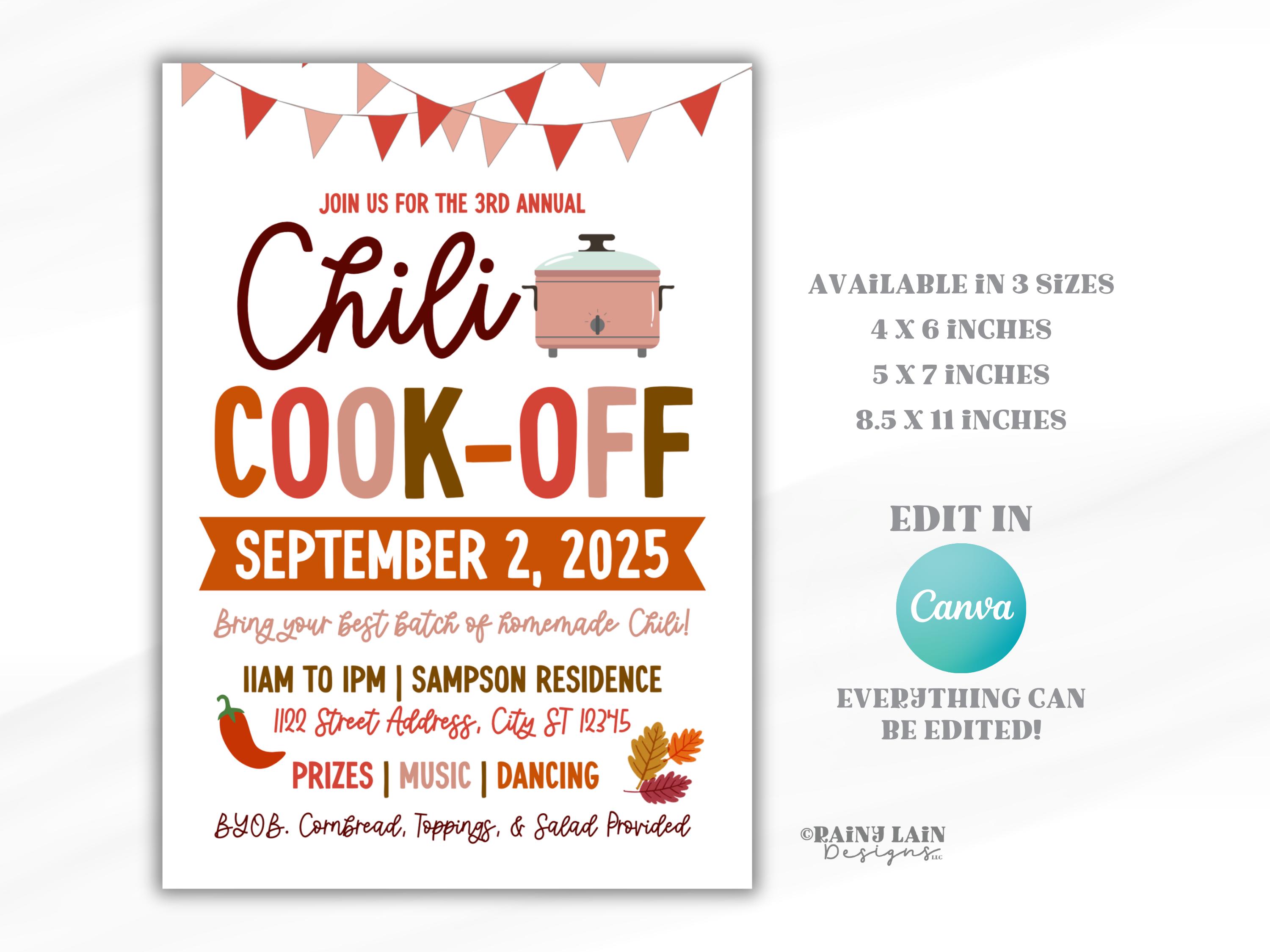 Editable Fall Chili Cook-off Flyer: Invitation Template (canva Template ...