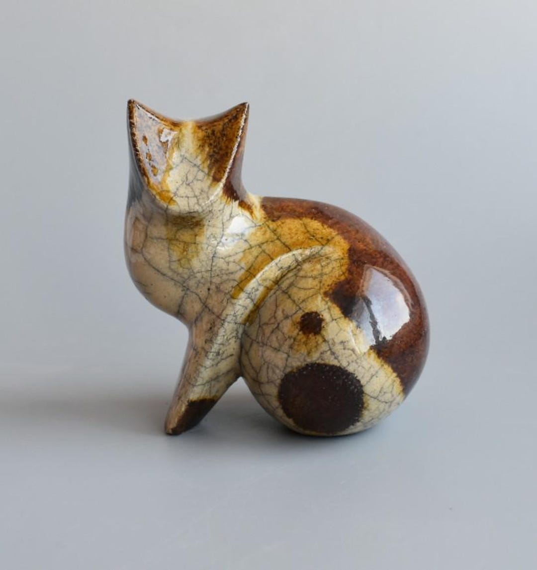 Ceramic Sculpture of a Cat,spotted Cat,ceramics of Raku,cognac,glaze ...