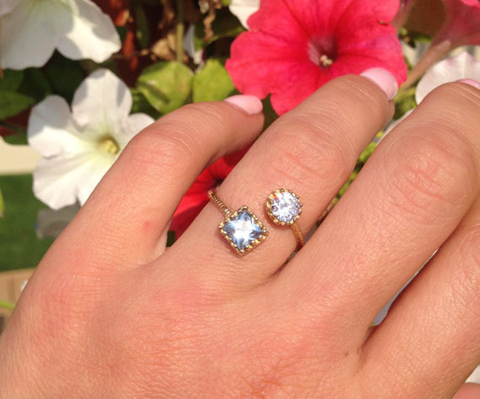 Dual Gemstone Ring Two Birthstone Ring Aquamarine Ring | Etsy