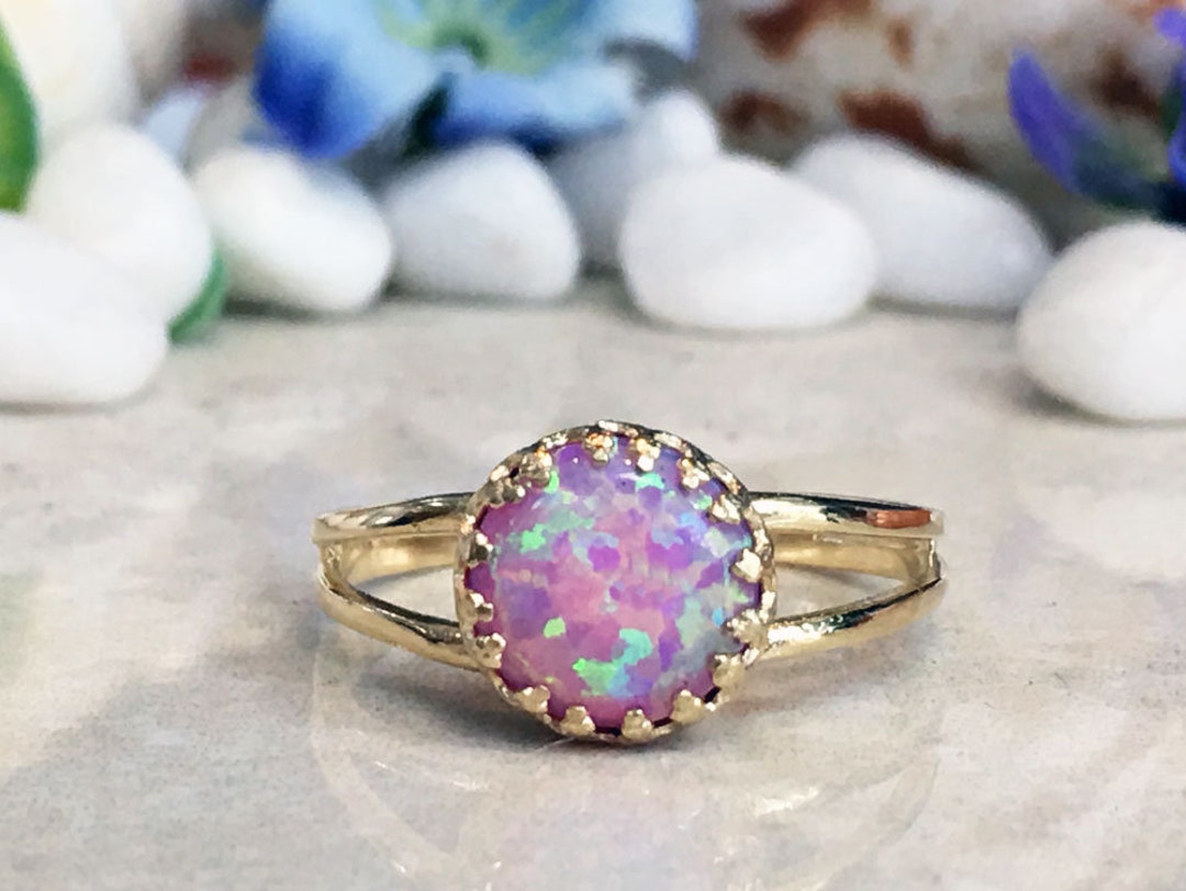 Rose Opal Ring – Round Pink Gemstone Vintage Crown Prong Set Dainty ...