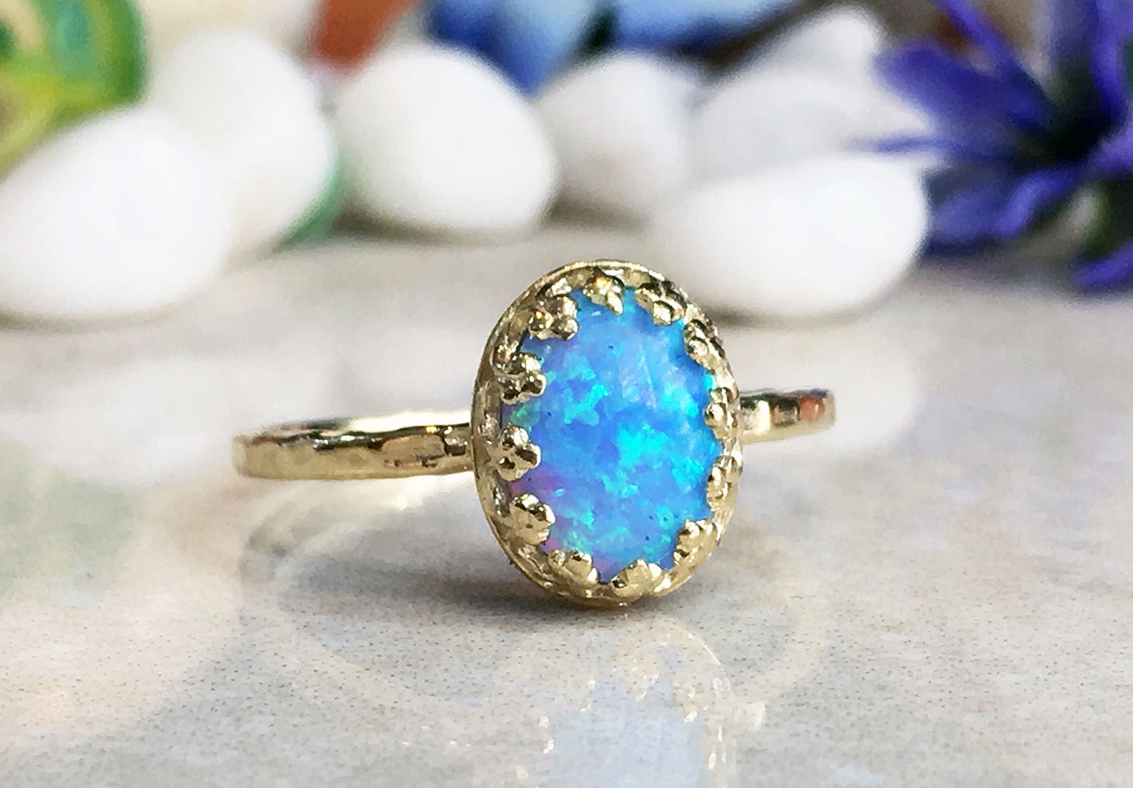 Blue Opal Ring October Birthstone Hammered Ring Gold - Etsy