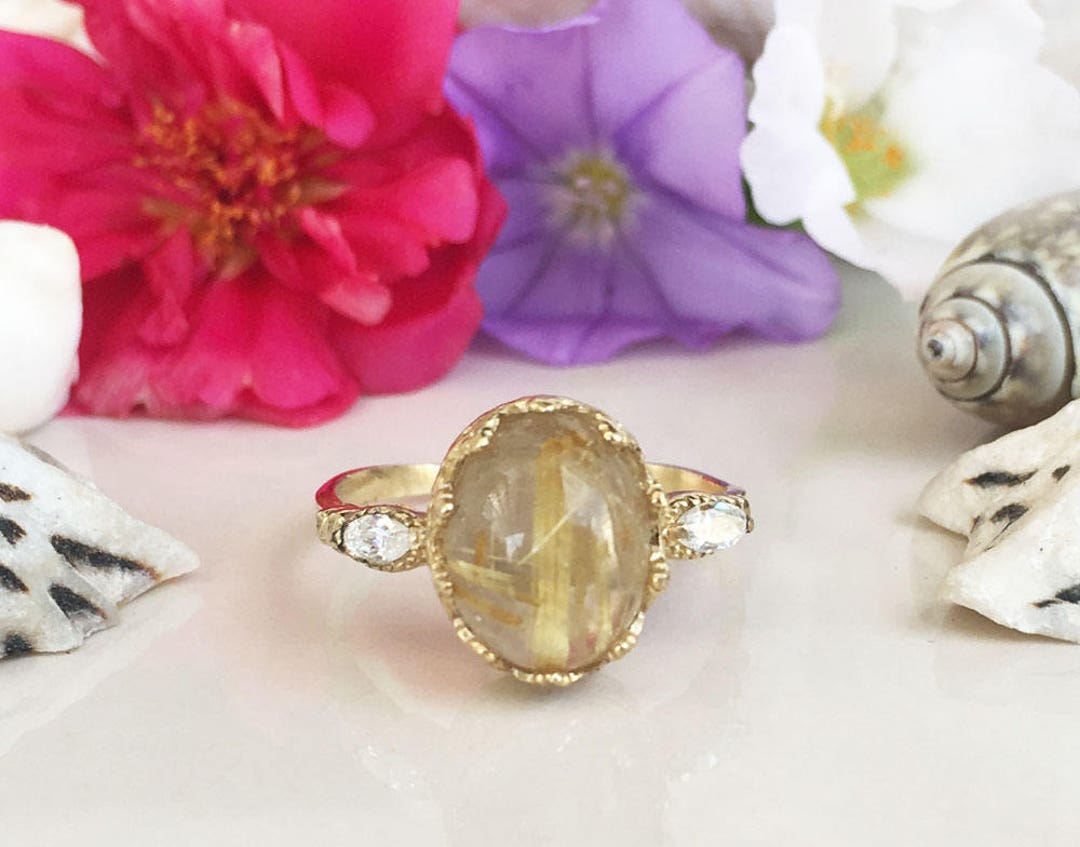 Rutilated Quartz Ring Gold Ring Genuine Gemstone Golden - Etsy