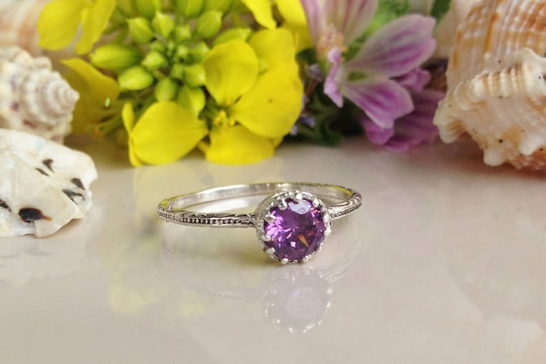 Purple Amethyst Ring - February Birthstone - Round Gemstone Vintage ...