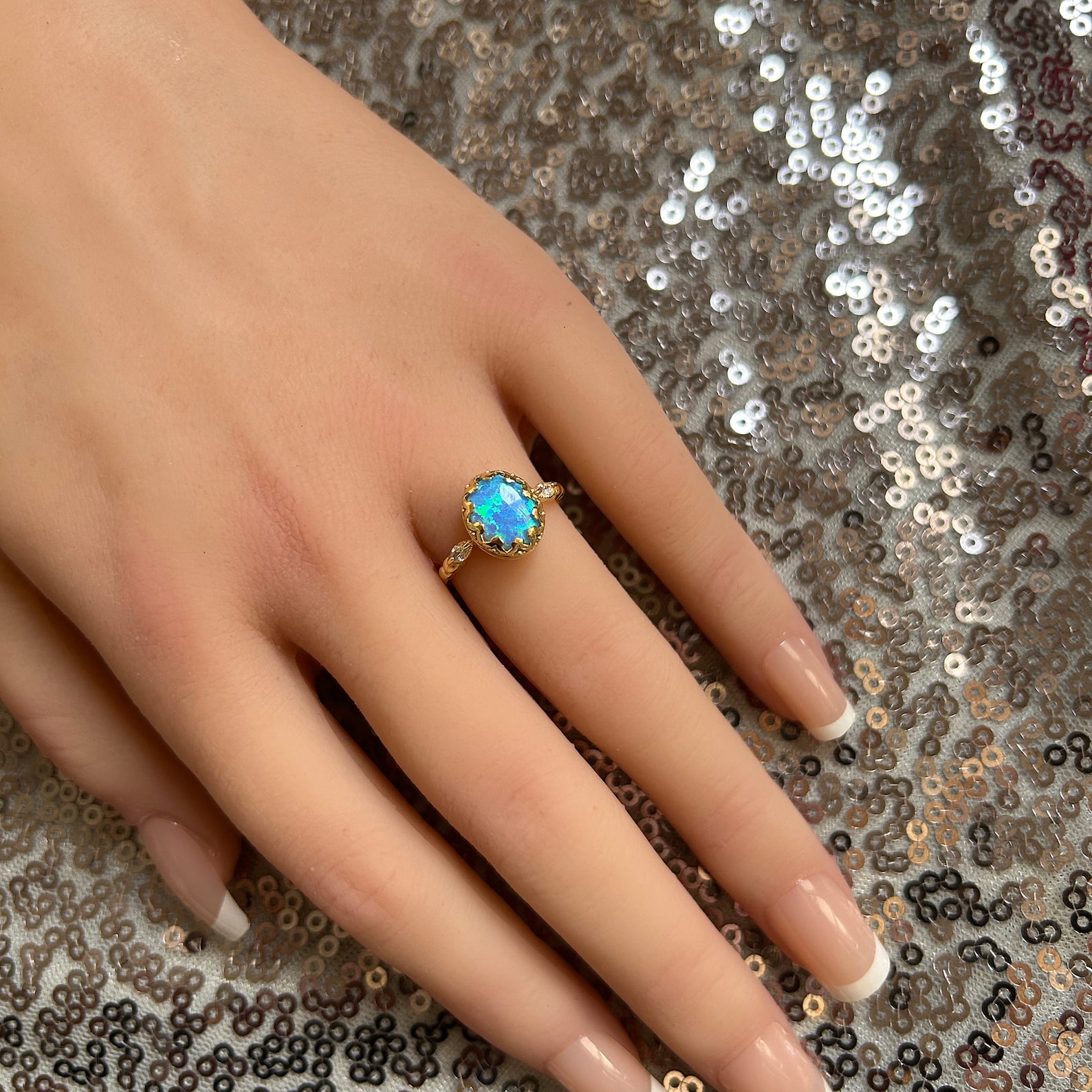 Blue Opal Ring October Birthstone Statement Ring Oval Ring Bezel Ring ...