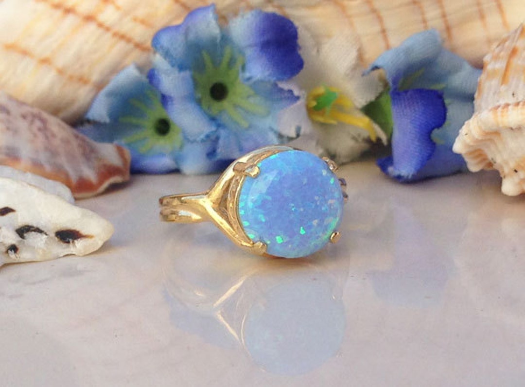 Blue Opal Ring - October Birthstone - Gold Ring - Gemstone Ring - Opal ...
