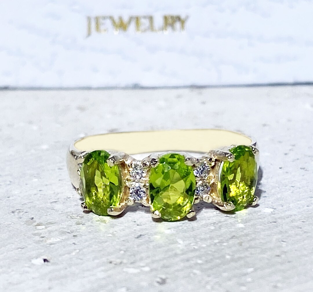 Peridot Ring – August Birthstone - Oval Triple Green Gemstone Prong Set ...