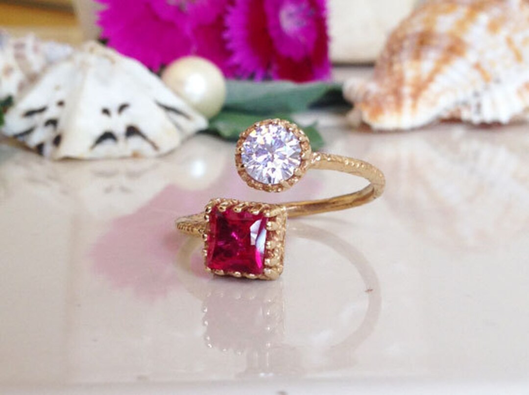 Dual Gemstone Ring Two Birthstone Ring Ruby Ring Clear Quartz Ring ...