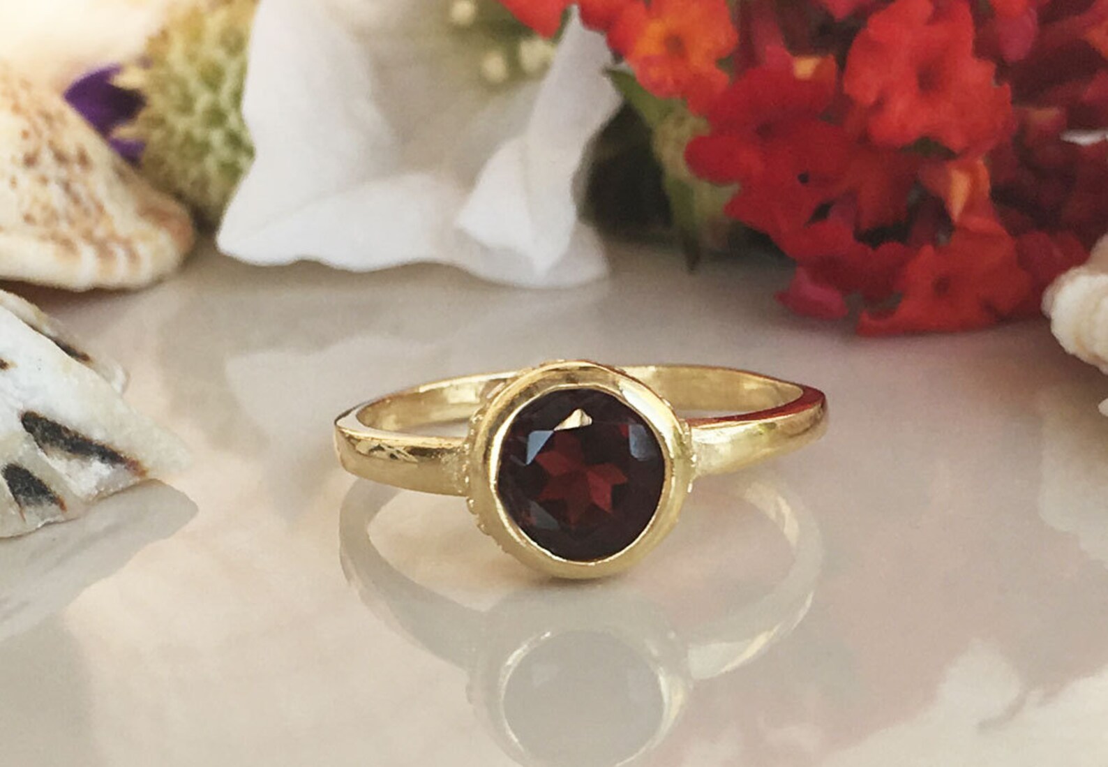 Mozambique Garnet Ring - Genuine Gemstone Band - Gold Ring - Bezel Ring ...