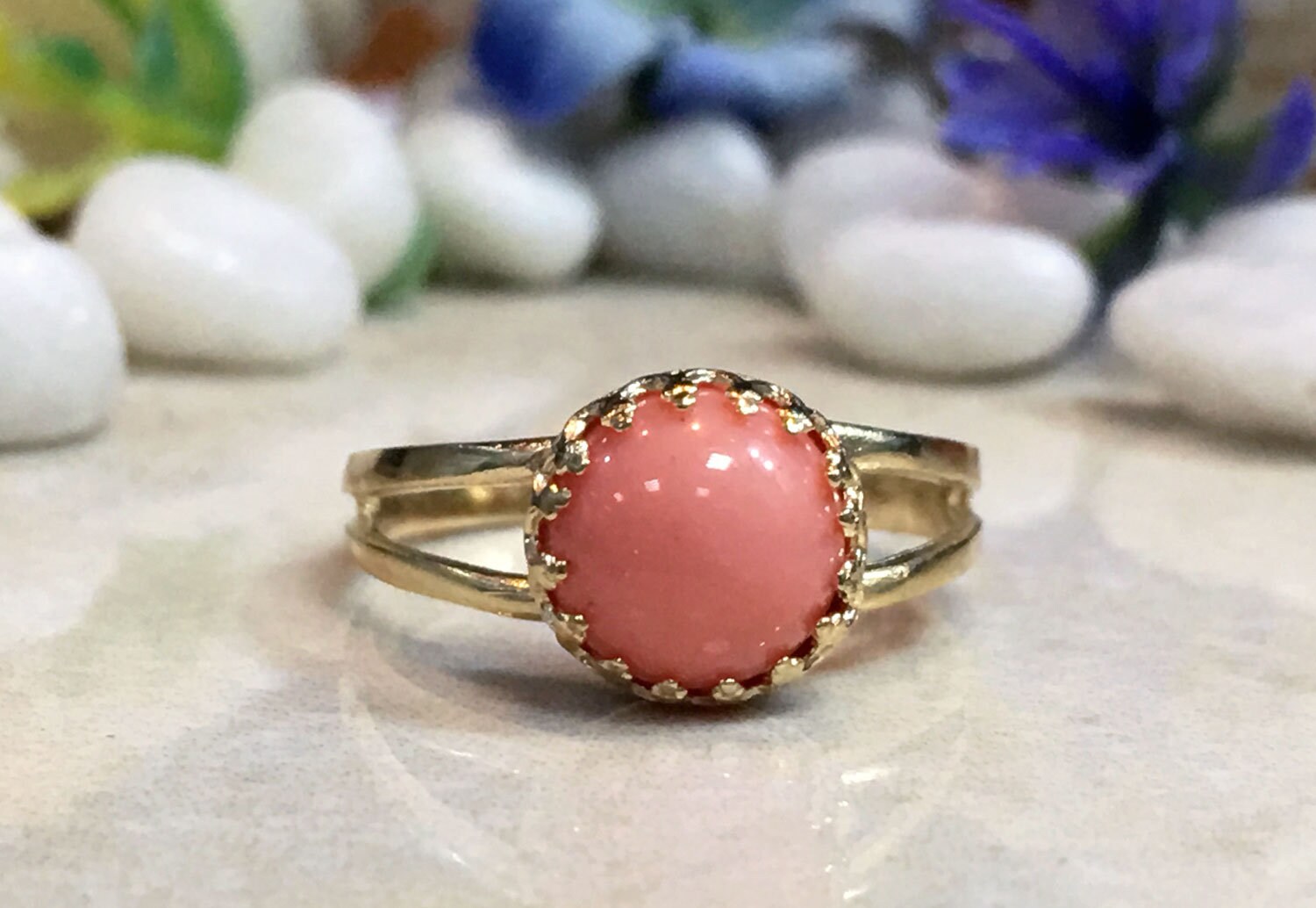 Korallen Ring Krone Ring Runder Edelstein Ring Rosa Ring Edelstein Ring Pfirsich Koralle Ring Vintage Stil Gold Ring Etsy