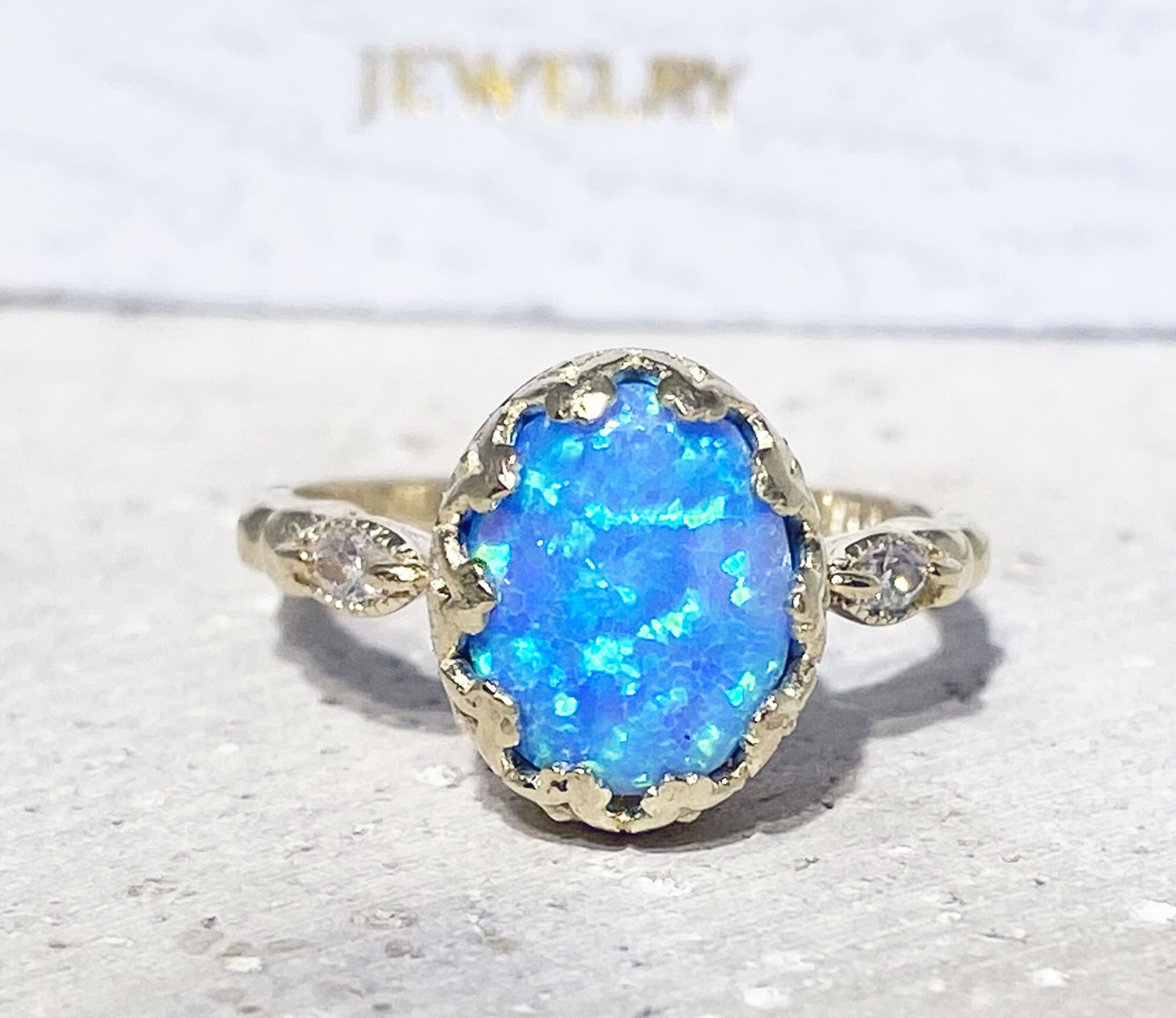 Blue Opal Ring October Birthstone Statement Ring Oval | Etsy