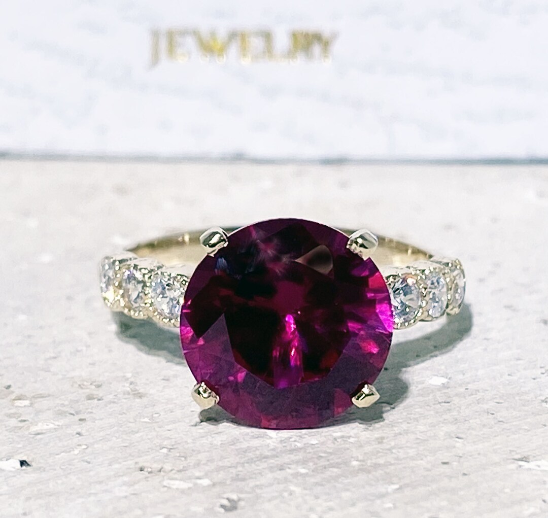 Ruby Ring - July Birthstone - Round Fuchsia Gemstone Prong Set ...