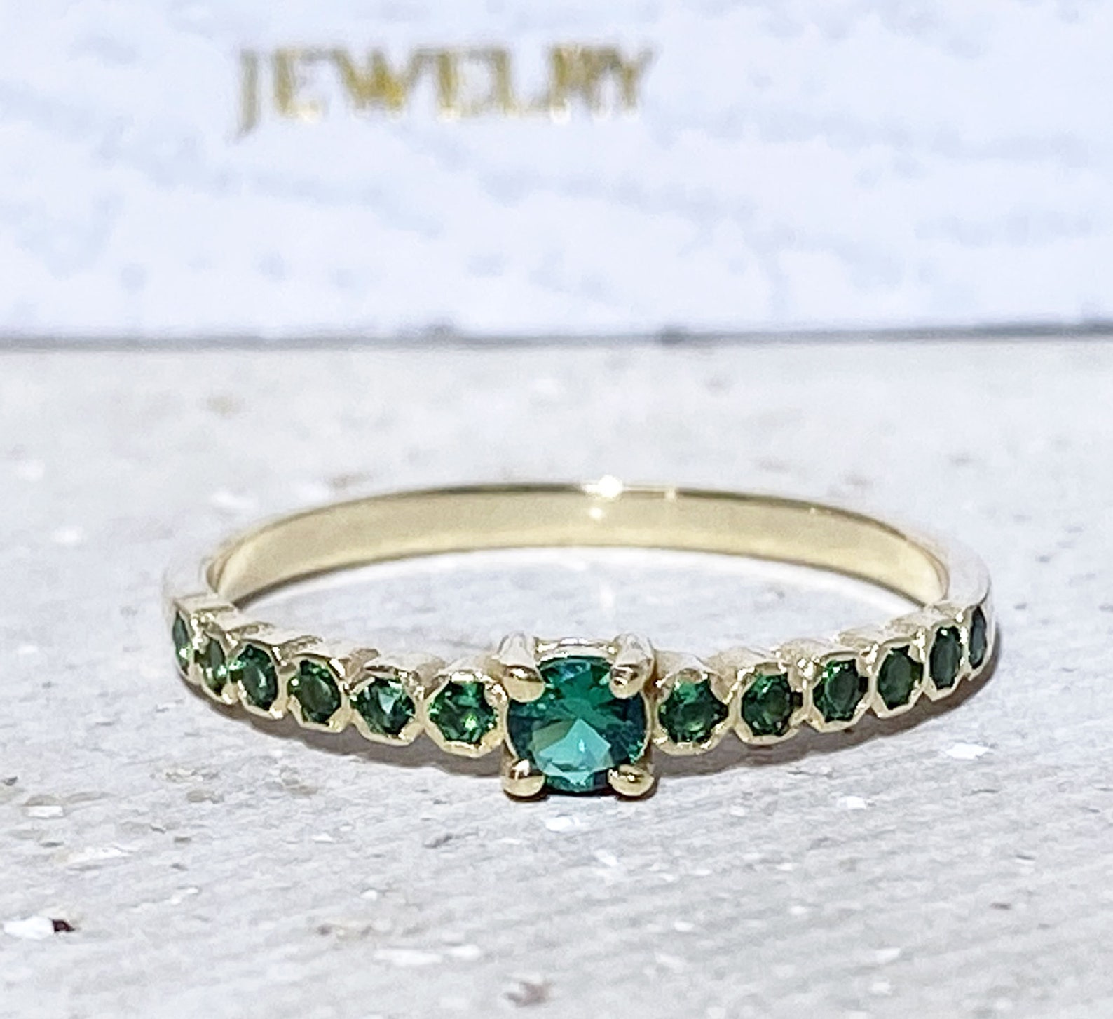 Emerald Ring – May Birthstone - Round Green Gemstone Bezel Set Half ...