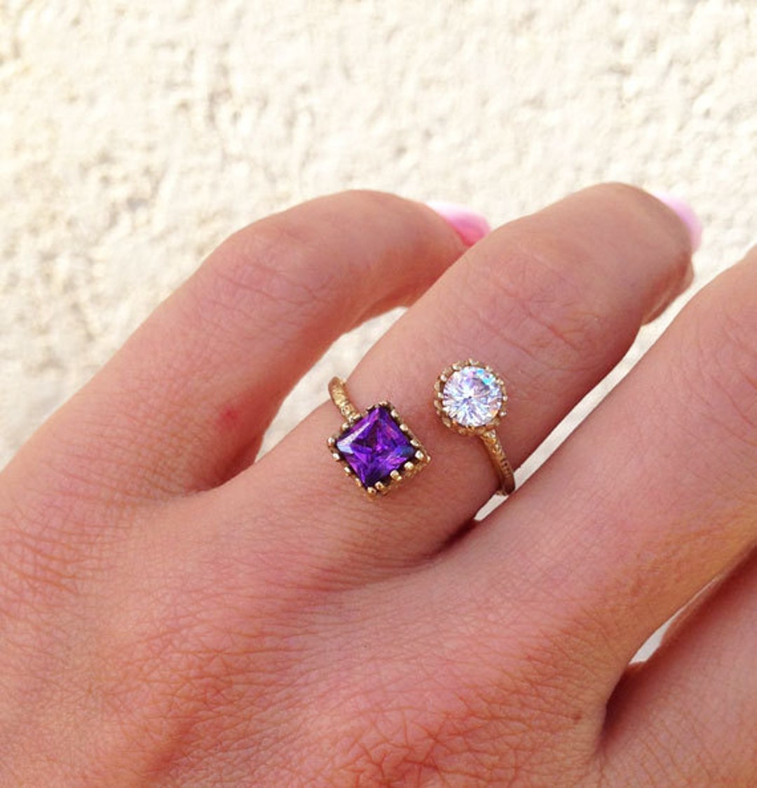 Dual Gemstone Ring - Two Birthstone Ring - Amethyst Ring - Clear Quartz ...