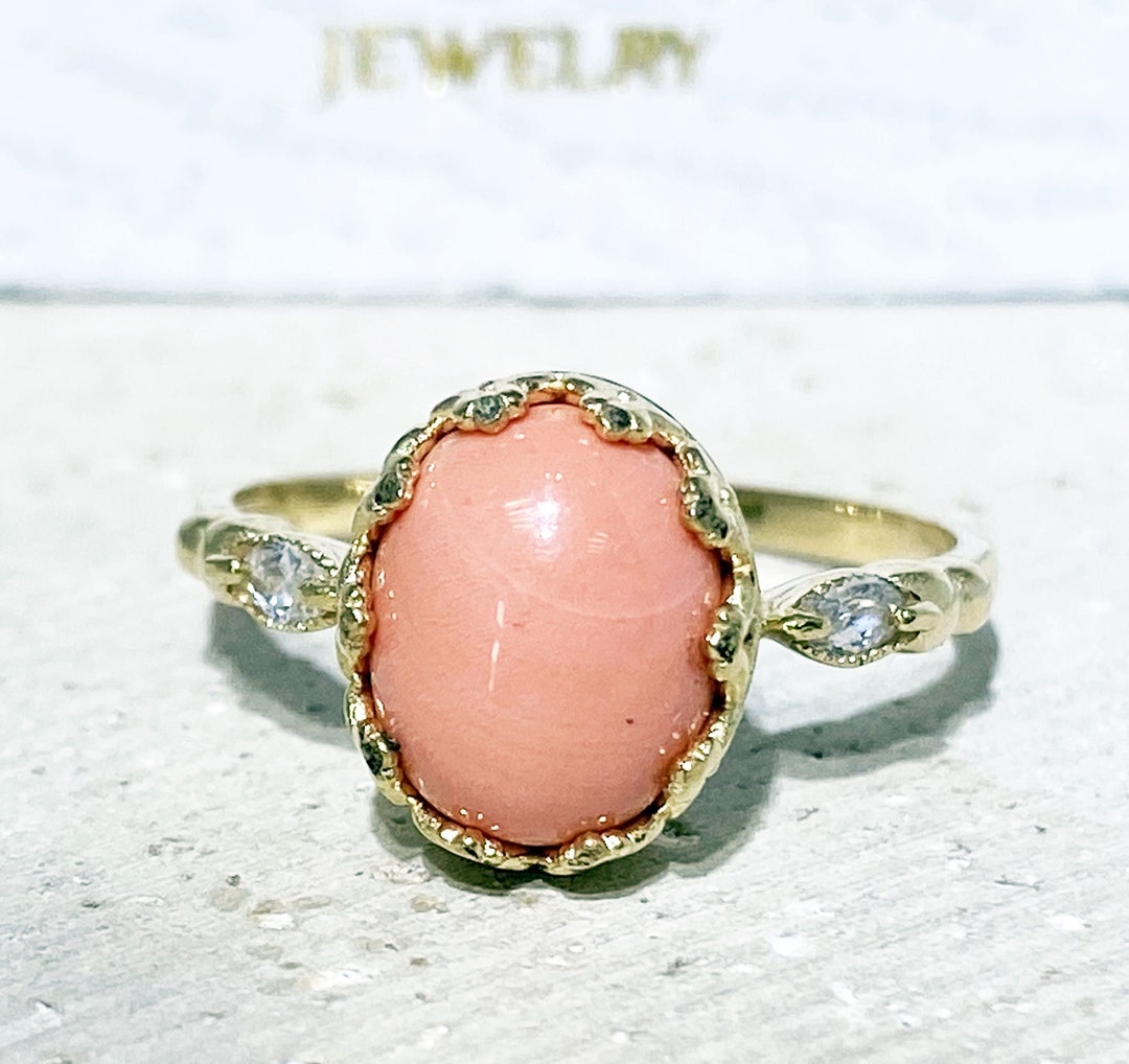 Coral Ring Genuine Gemstone Statement Ring Peach Coral - Etsy