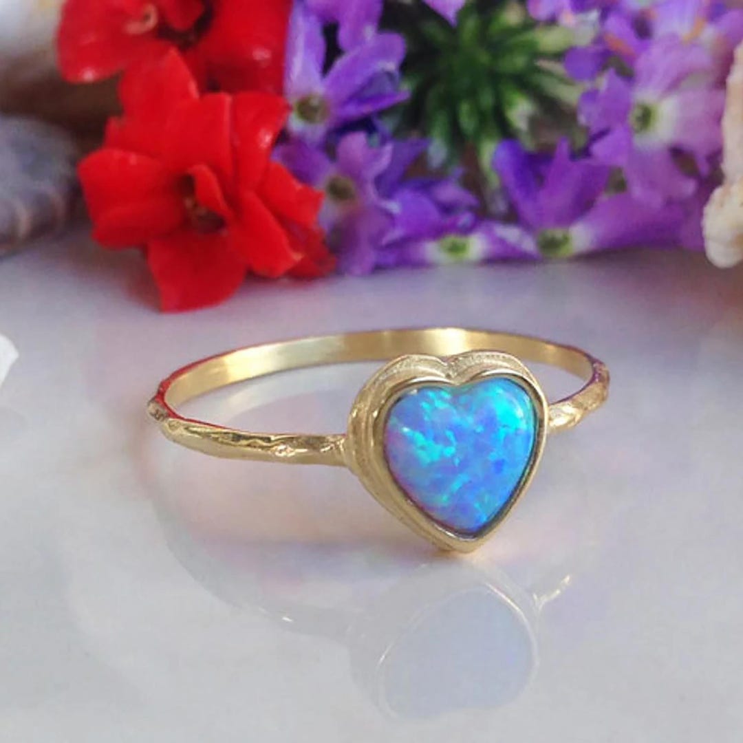 Blue Opal Ring – October Birthstone - Heart Gemstone Simple Delicate ...