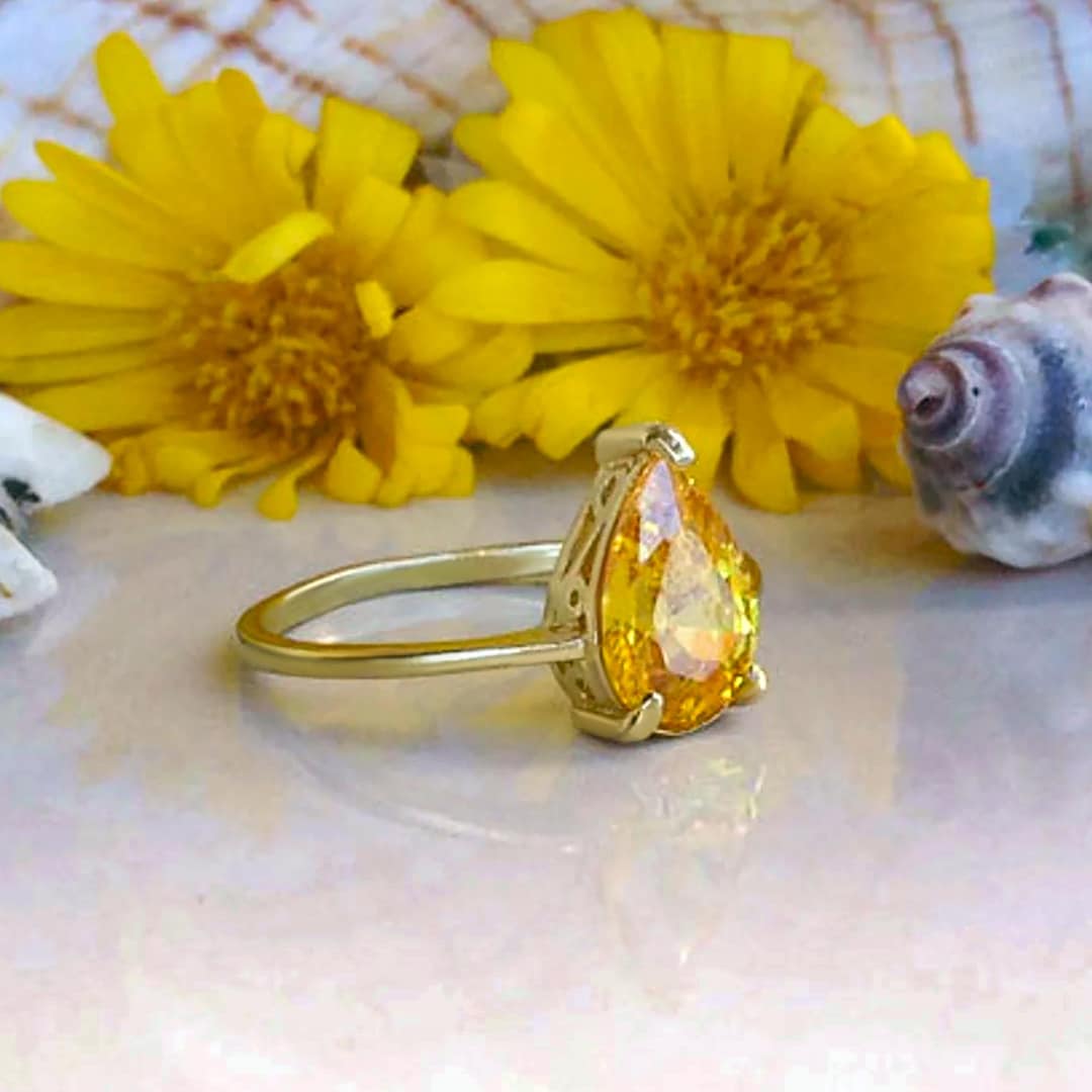 Yellow Citrine Ring - November Birthstone - Pear Gemstone Prong Set ...