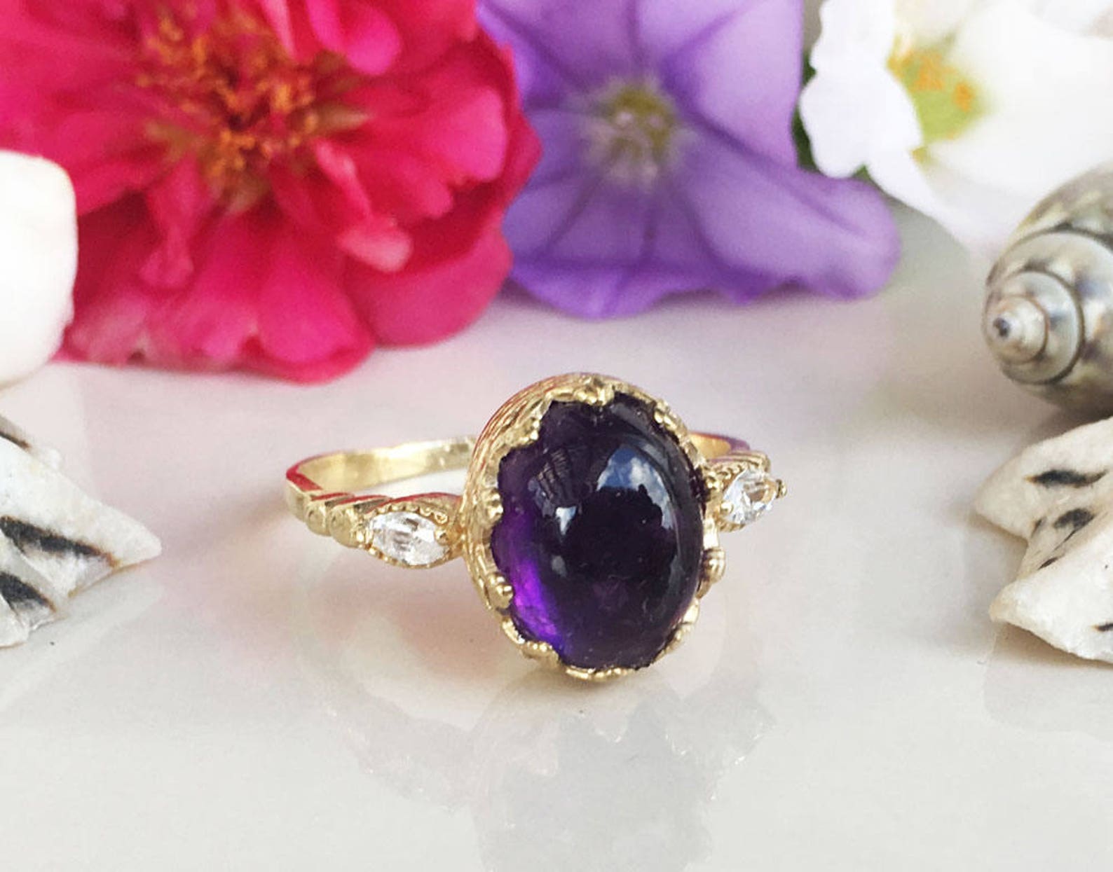 Purple Amethyst Ring – February Birthstone - Oval Gemstone Vintage ...