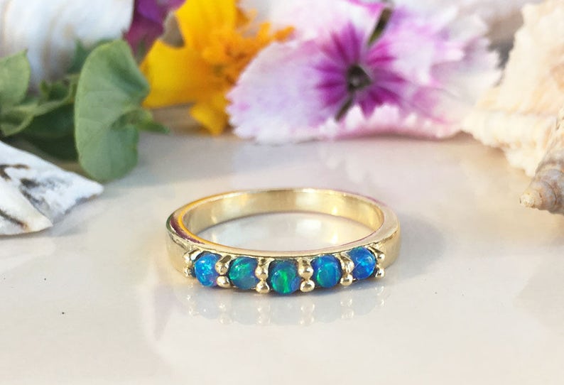 Blue Opal Ring October Birthstone Tiny Ring Simple Ring - Etsy