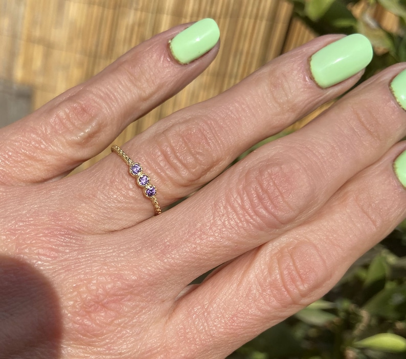 Purple Amethyst Ring - February Birthstone - Round Triple Gemstone ...