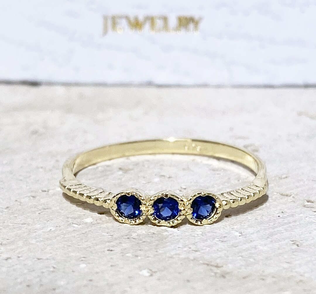 Blue Sapphire Ring – September Birthstone - Round Triple Gemstone Bezel ...