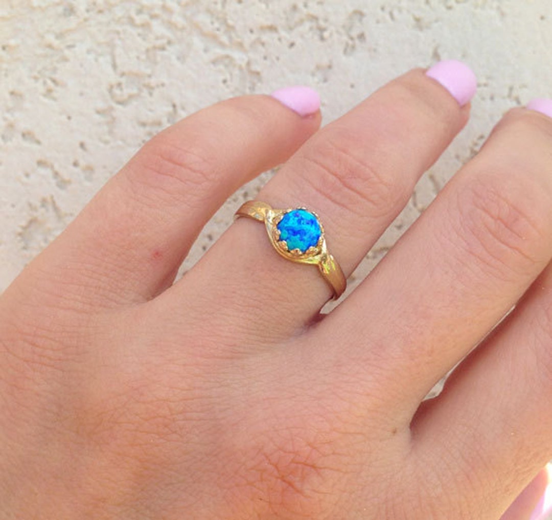 Blue Opal Ring - October Birthstone - Gold Ring - Gemstone Ring - Tiny ...