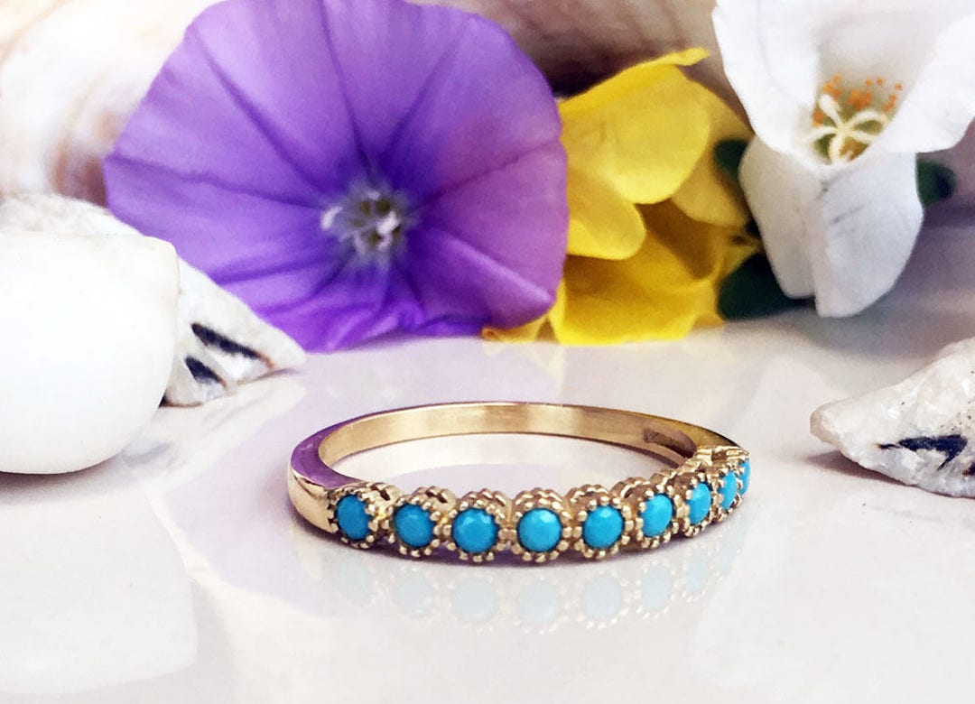 Blue Turquoise Ring – December Birthstone - Round Gemstone Bezel Half ...