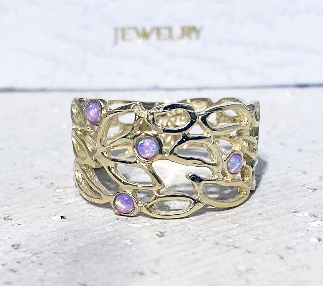 Rose Opal Ring – Round Pink Gemstone Bezel Set Lace Filigree Wide Gold ...