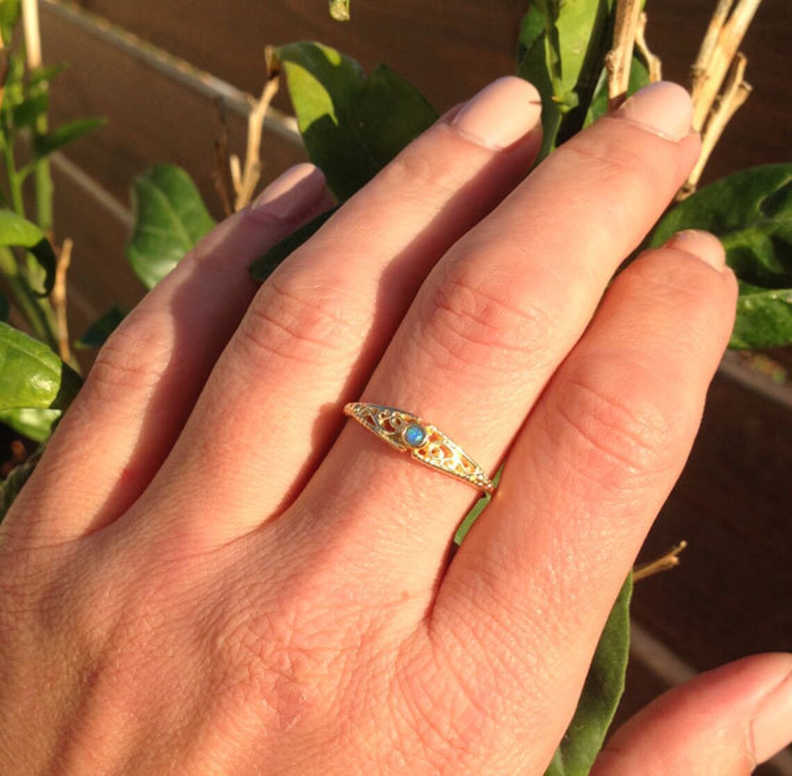 Blue Opal Ring October Birthstone Gold Ring Gemstone - Etsy