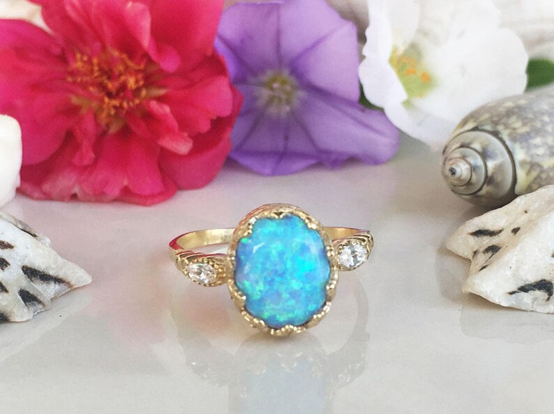 Blue Opal Ring October Birthstone Statement Ring Oval | Etsy