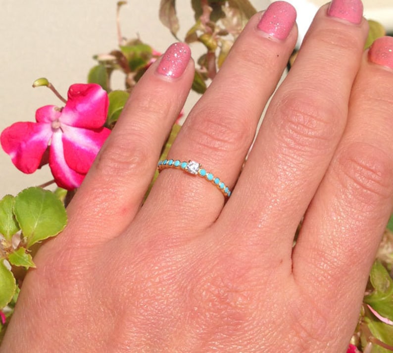 Blue Turquoise Ring – December Birthstone - Round Gemstone Bezel Set ...