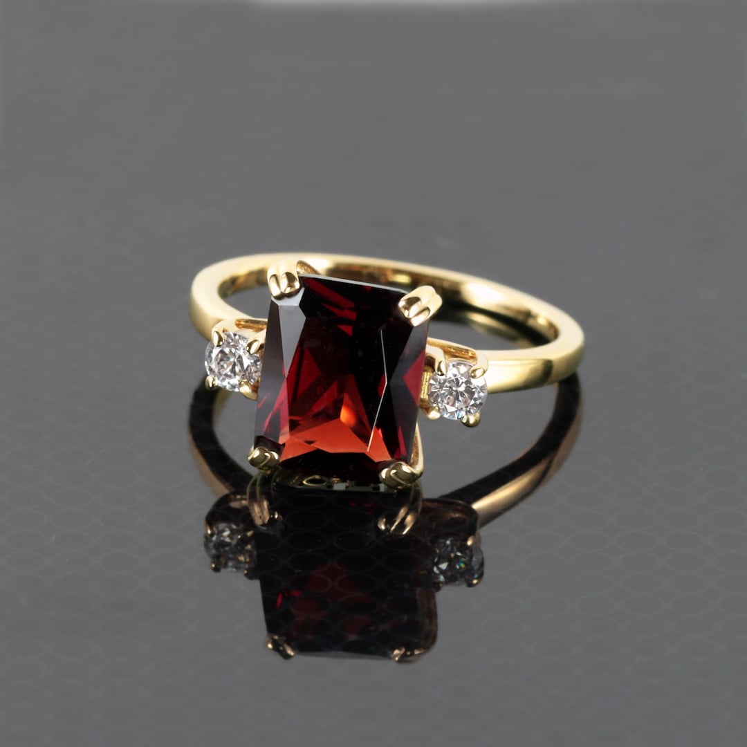 Octagon Red Garnet Ring – January Birthstone - Rectangle Gemstone Prong ...