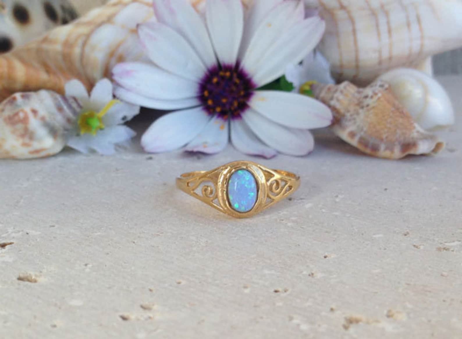 Blue Opal Ring - October Birthstone - Gold Ring - Gemstone Ring - Tiny ...