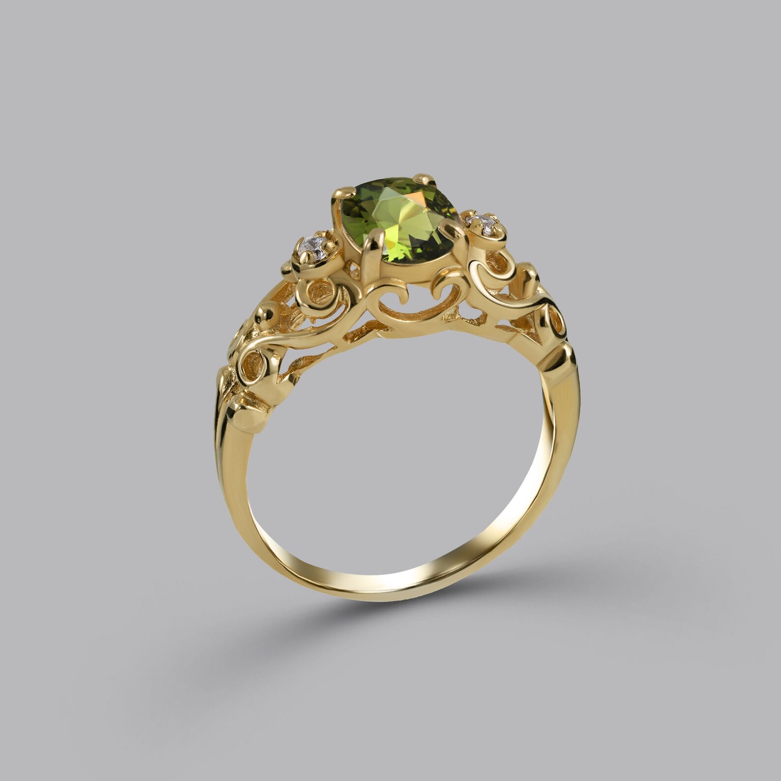 Peridot Ring - August Birthstone - Oval Green Gemstone Filigree Flower ...